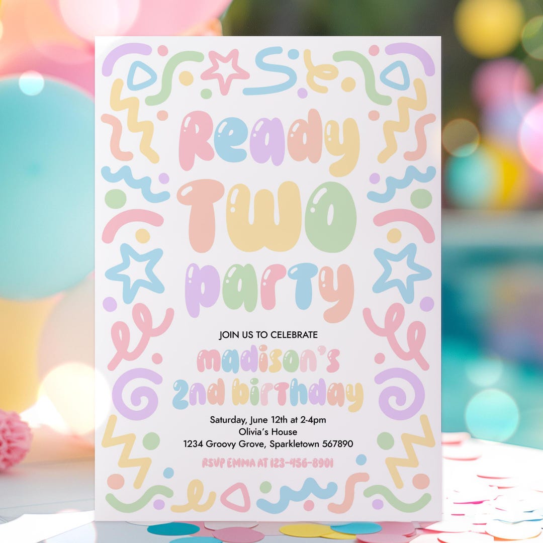 Editable Ready Two Party Balloon Letters Doodle Birthday Party ...