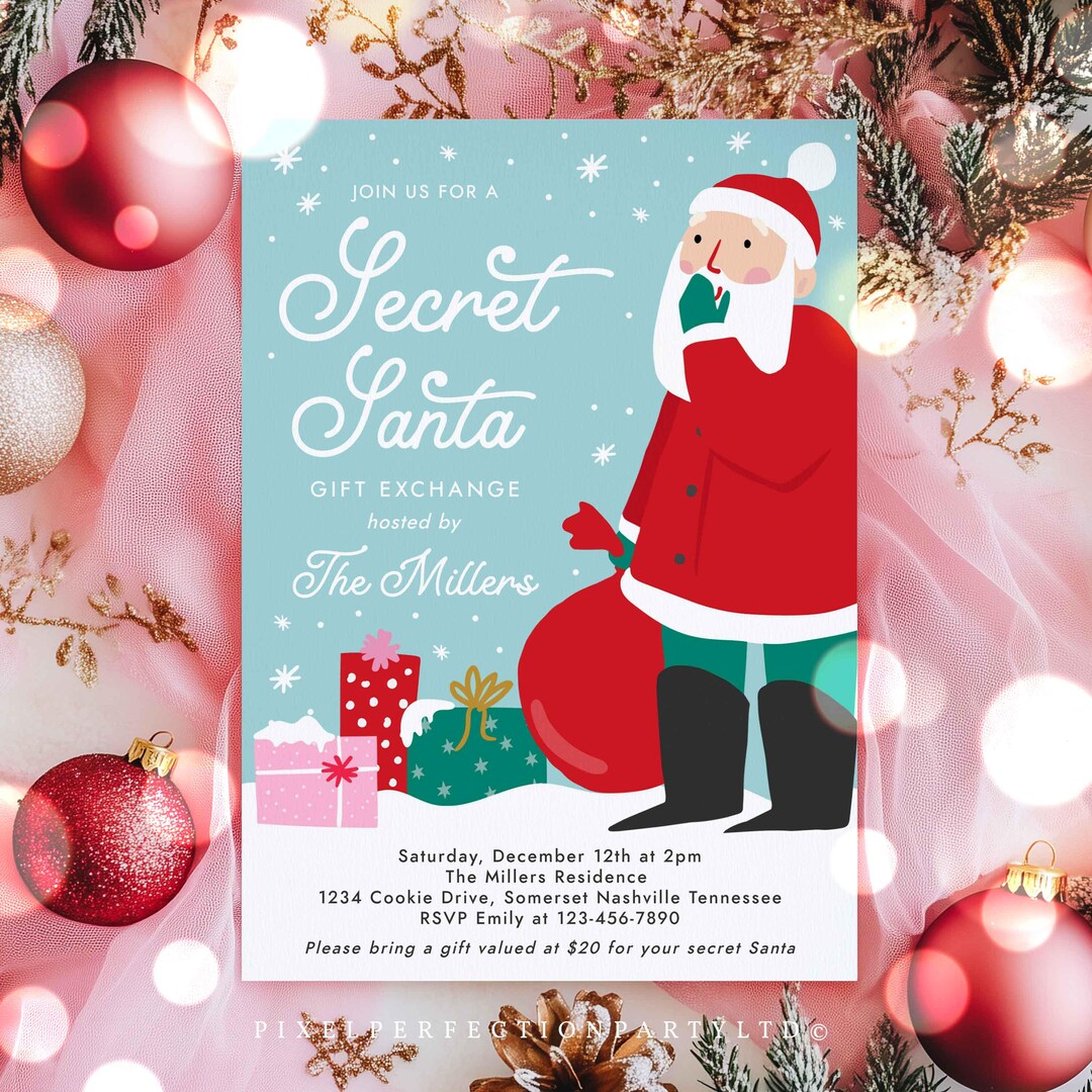 Editable Secret Santa Gift Exchange Invitation Santa Holiday Gift ...