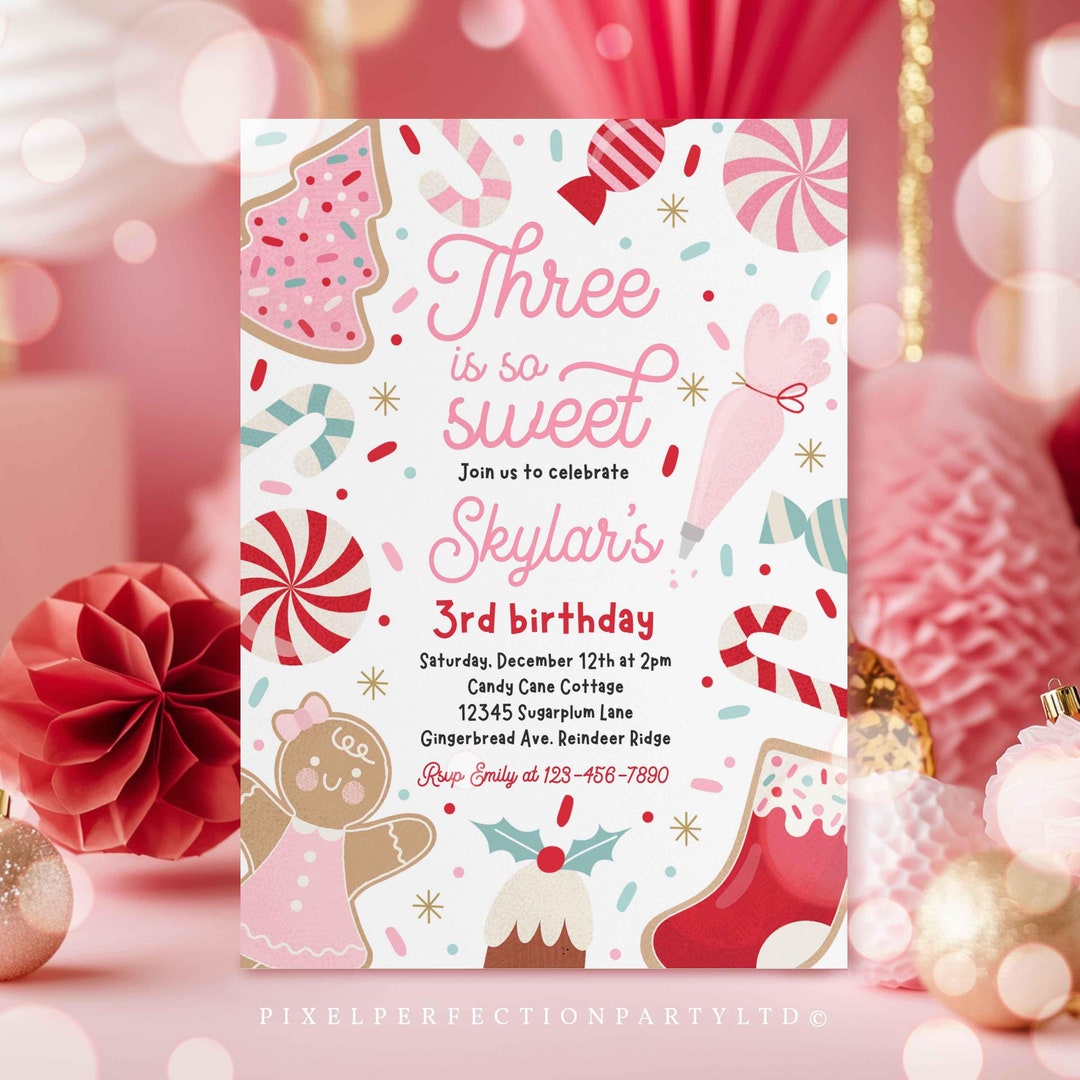 Editable Three is so Sweet Christmas Cookie 3rd Birthday Party ...