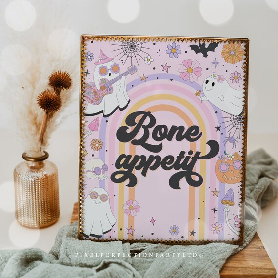 Halloween Ghost Birthday Party Bone Appetit Sign Retro Groovy Rainbow ...
