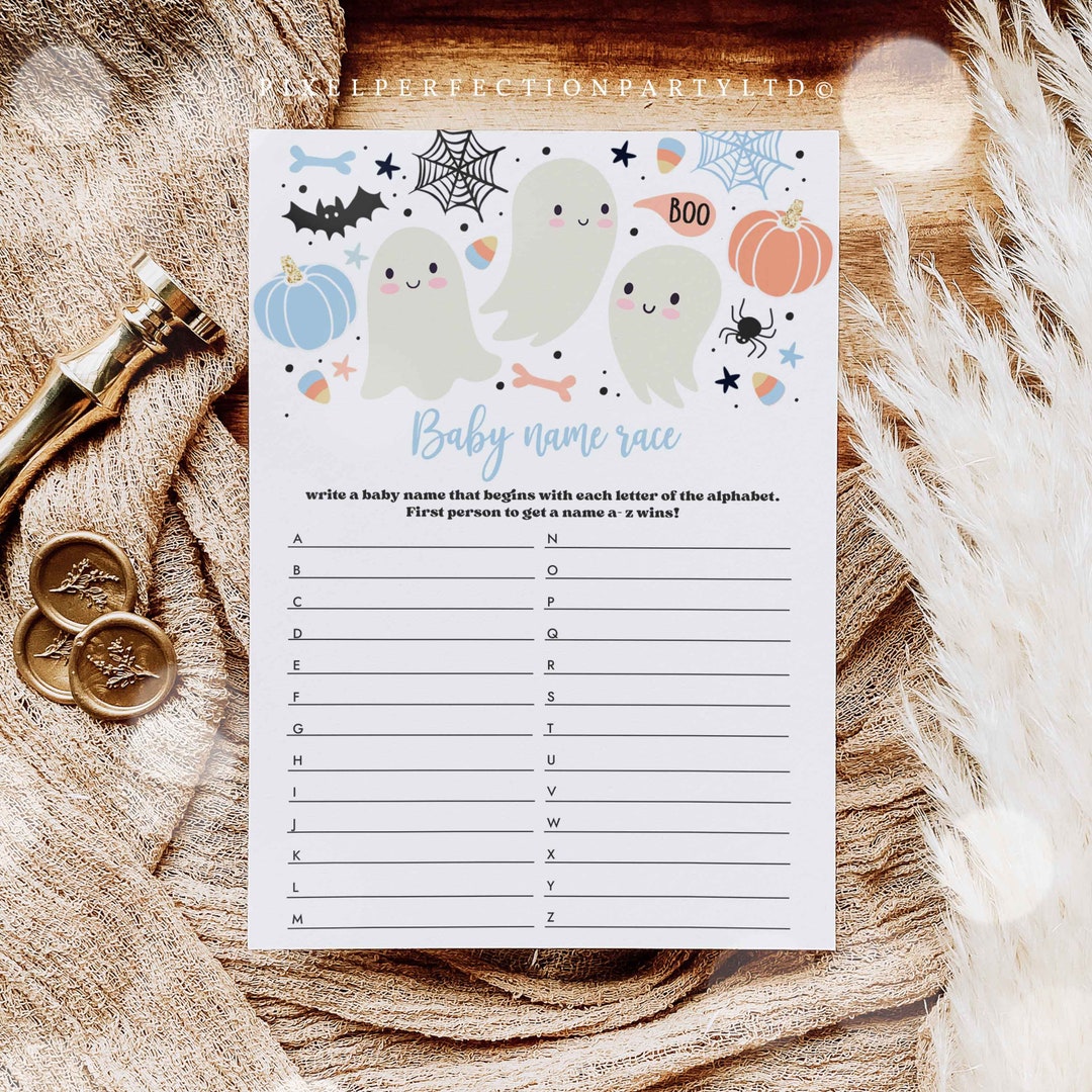 Editable Little Boo Baby Shower Baby Name Race Game Halloween Blue ...