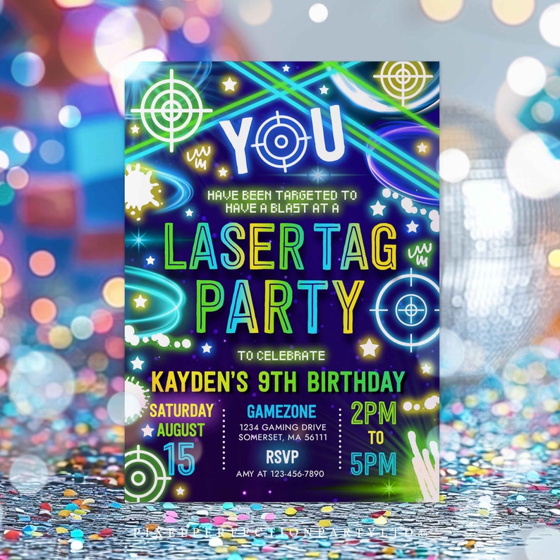 Editable Laser Tag Birthday Party Invitation Neon Glow Laser Tag ...