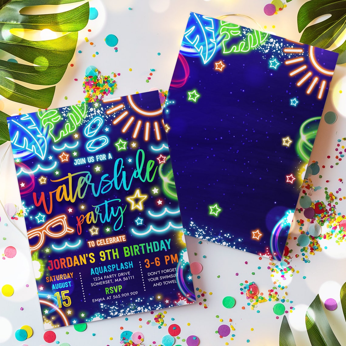 Editable Water Slide Birthday Party Invitation Glow Neon Tie Dye Summer ...