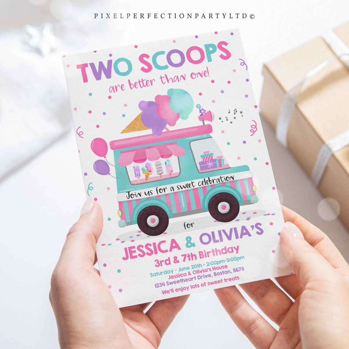Editable Ice Cream Truck Twin Birthday Invitation Twin Ice Etsy