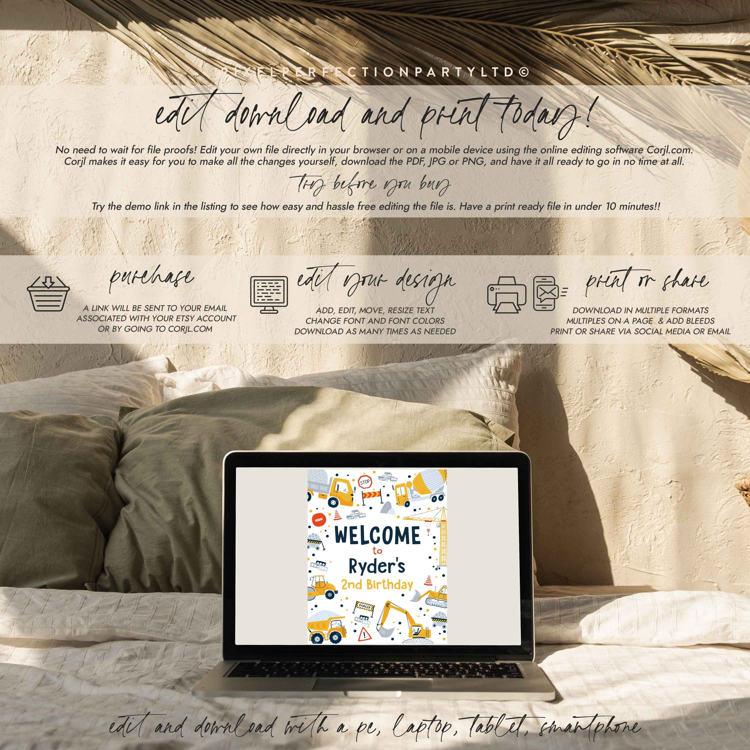 Editable Construction Welcome Sign Dump Truck Digger Excavator ...