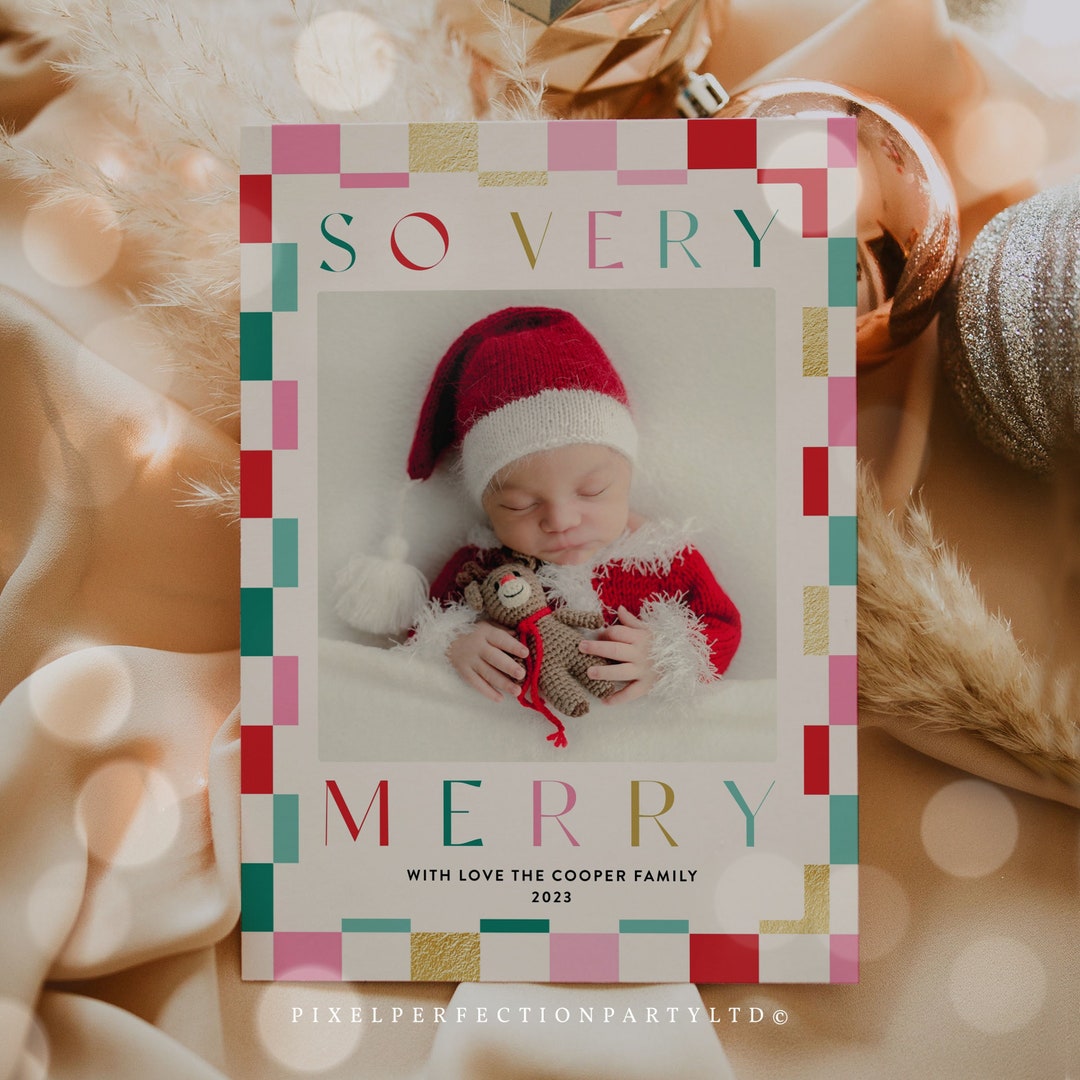 Editable Christmas Photo Card Template Modern Checkered Holiday Holiday ...