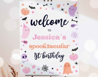 Editable Pink Halloween Ghost Birthday Welcome Sign Spooktacular ...