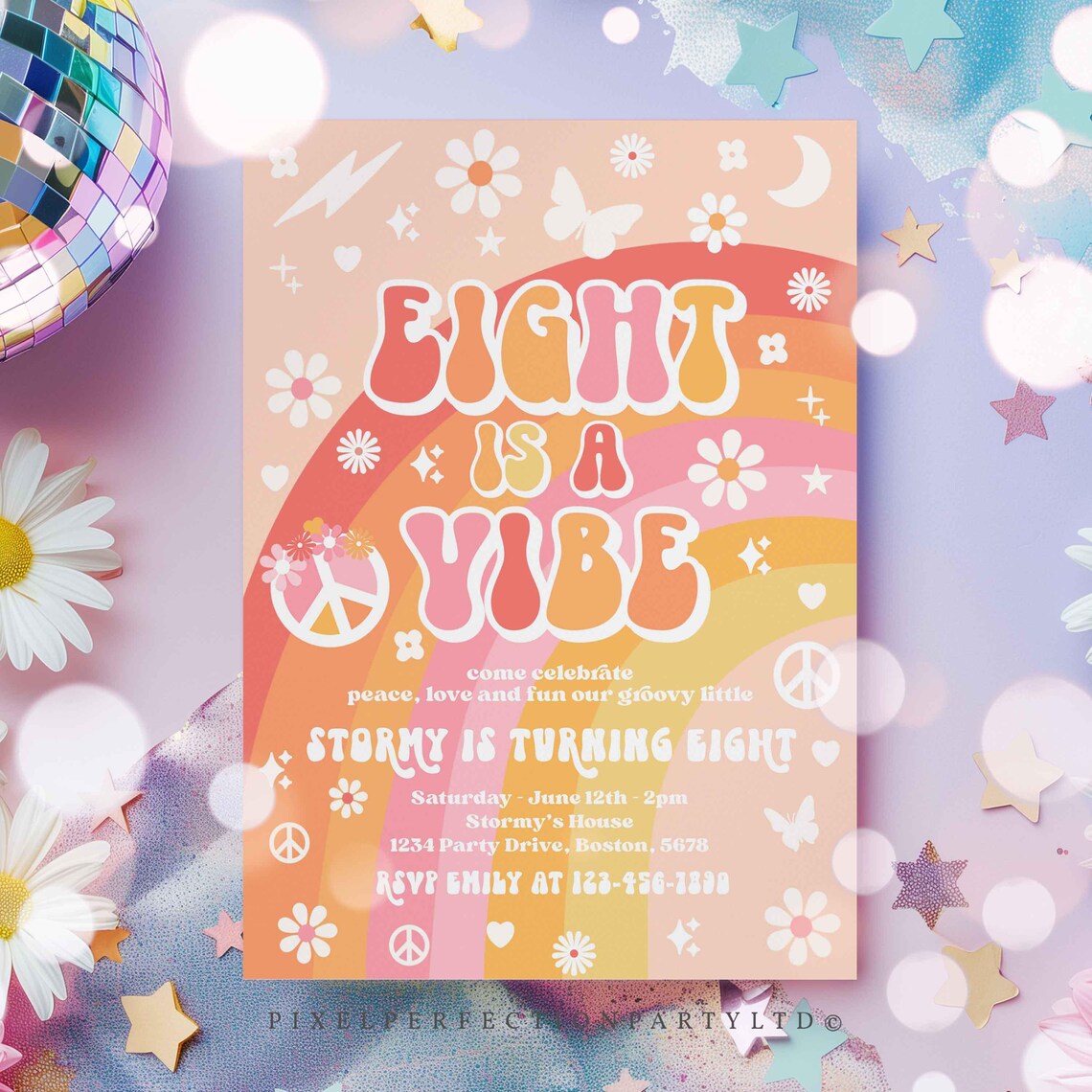 Editable Eight is A Vibe Groovy Birthday Party Invitation Peace Love ...