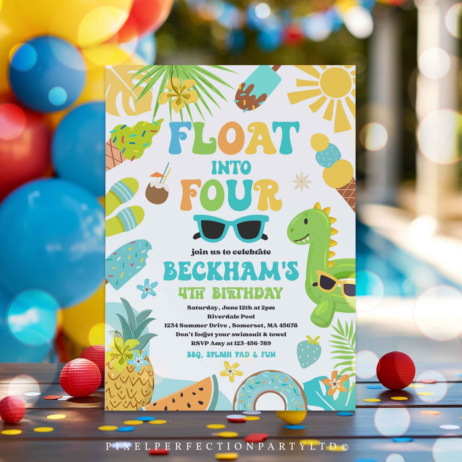 Editable Float Into Four 4th Birthday Pool Party Invitation Tropical ...