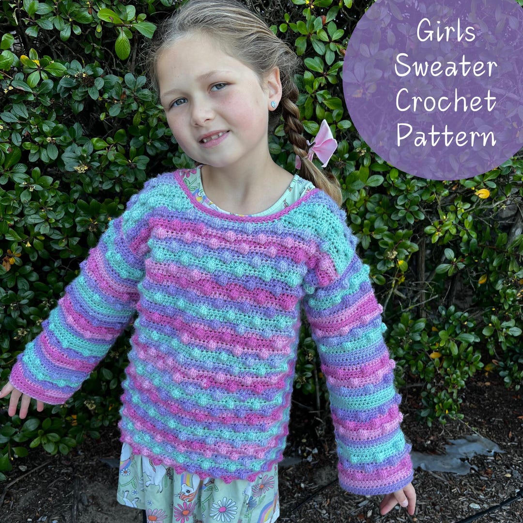 Girls Sweater Pattern. Bobble Rainbow Sweater. Pink, Purple, Teal, Aqua ...