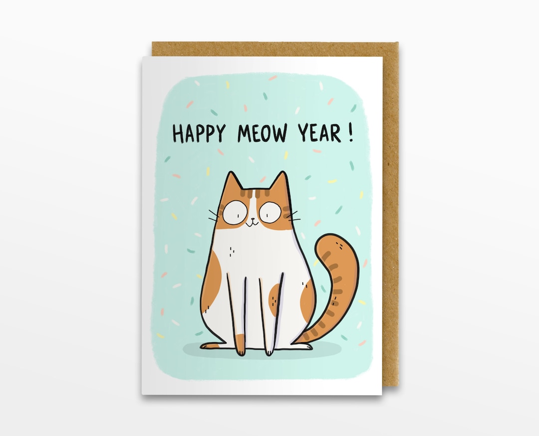 Happy Meow Year Card, Happy New Year Greeting Card, Cat Card, New Year ...