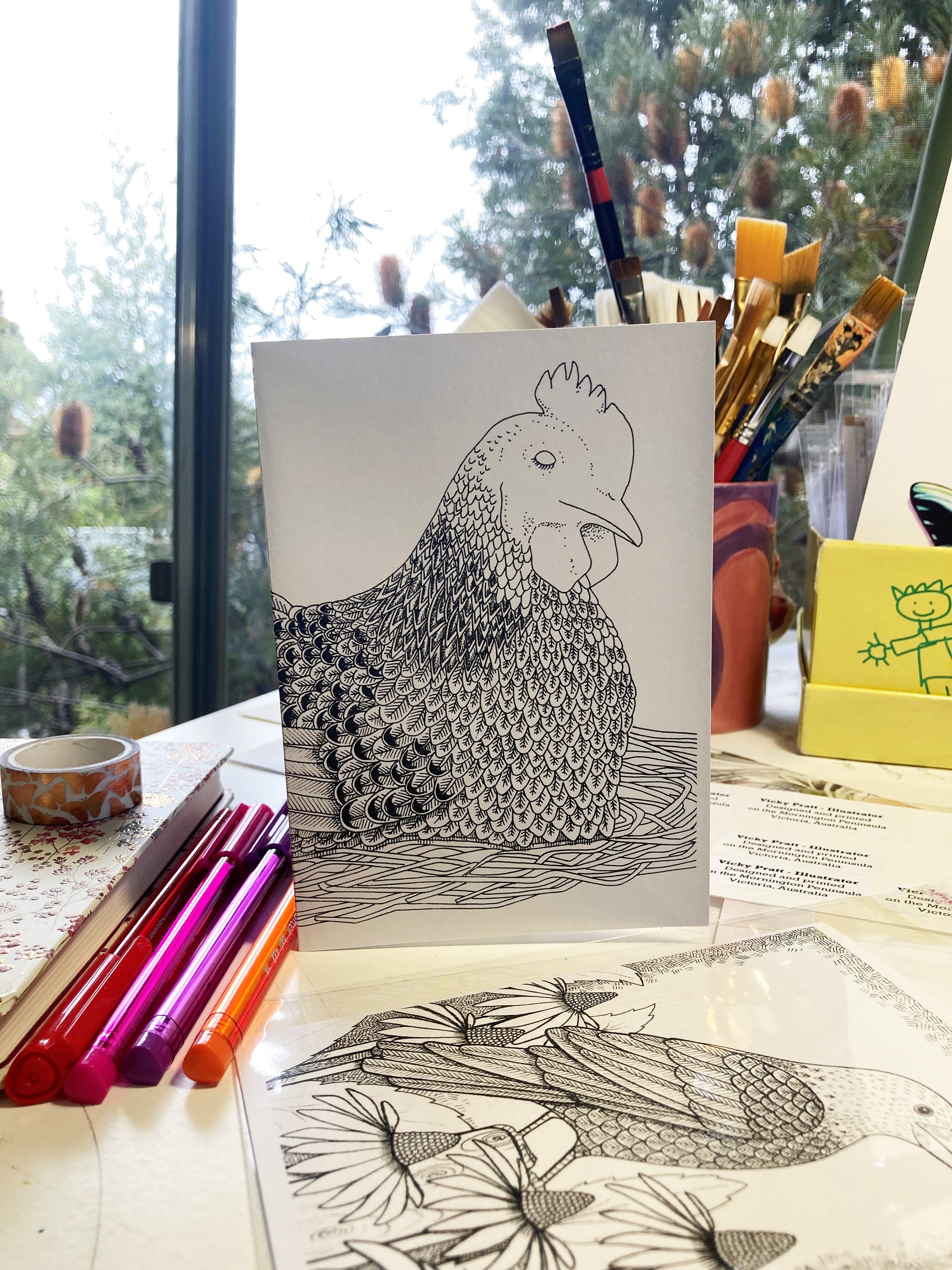 Chook Hen Colouring in CARD - Etsy Australia