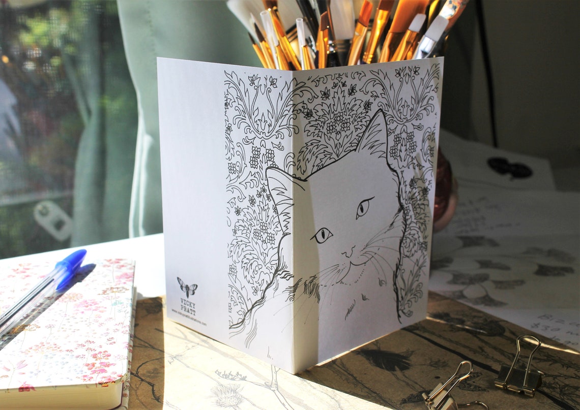 Cat With Filigree Colouring in CARD - Etsy