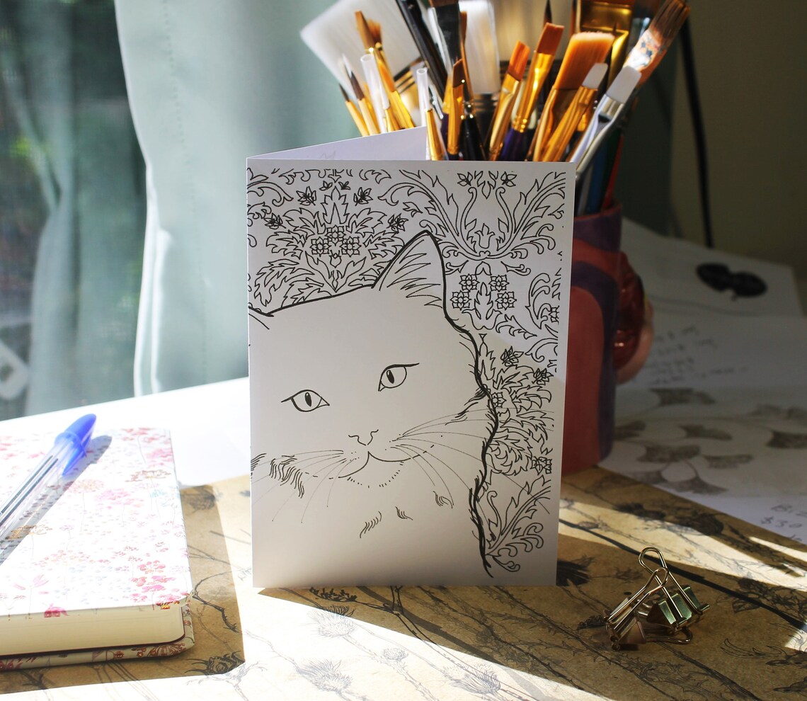 Cat With Filigree Colouring in CARD - Etsy