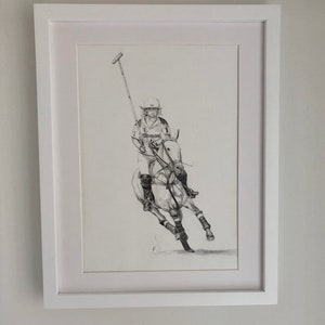 Original Framed Graphite Drawing Polo Player, Horse Gift, Art Polo ...