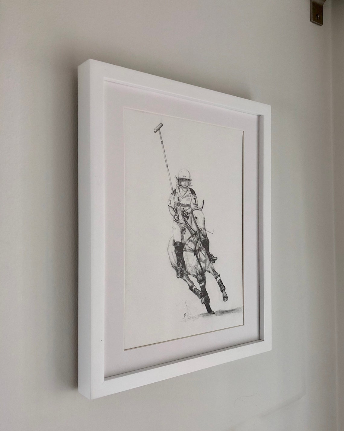 Original Framed Graphite Drawing Polo Player, Horse Gift, Art Polo ...