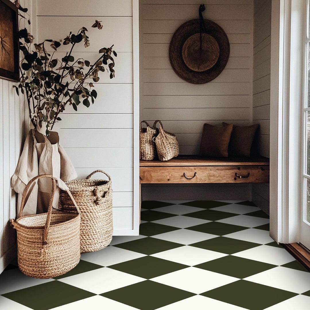 Quadrostyle Checkerboard in off White & Olive Green Wall and Floor ...