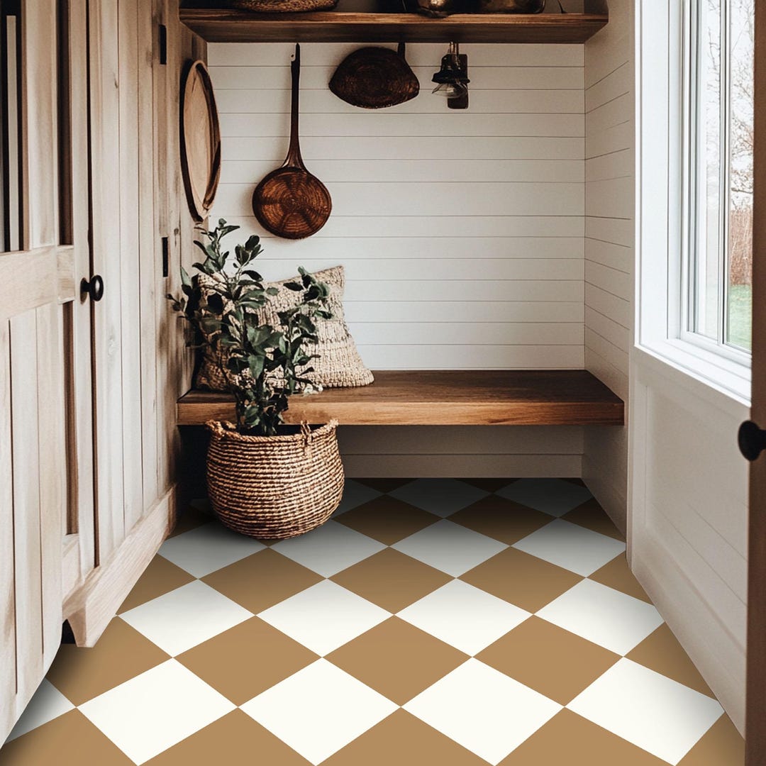 Quadrostyle Checkerboard Vinyl Floor Stickers in off White and Gold Two ...