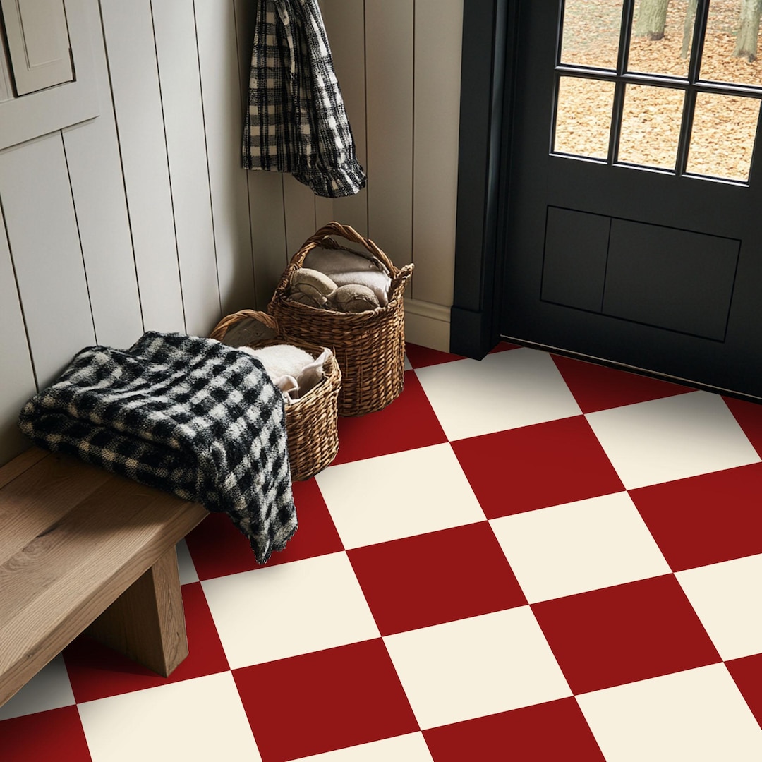 Quadrostyle Checkerboard in Red and off White Vinyl Floor Stickers ...