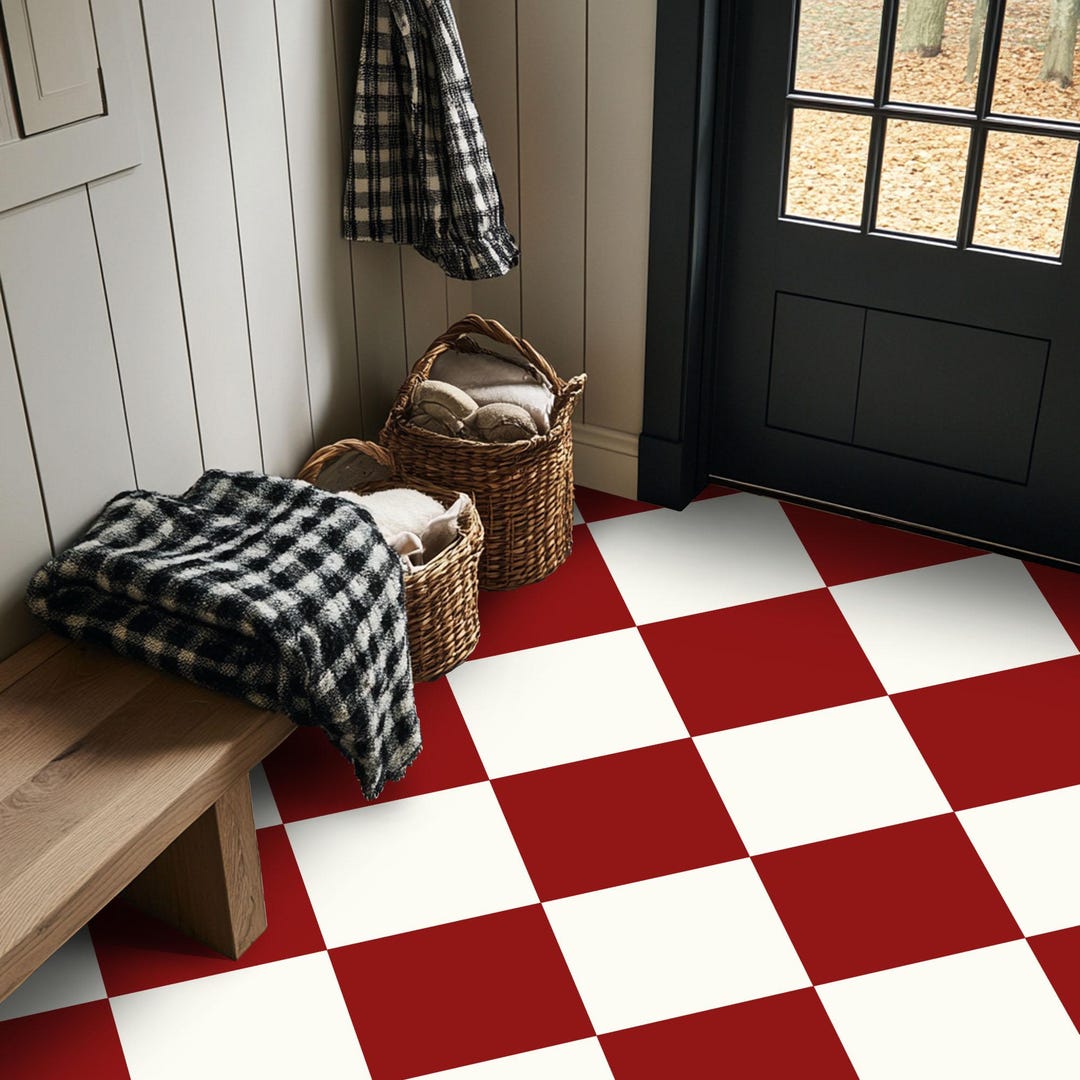 Quadrostyle Checkerboard Vinyl Floor Stickers in Red and off White Two ...