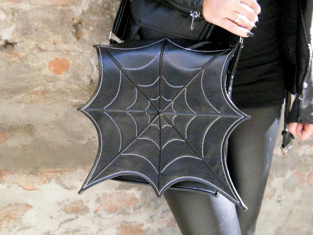 Black Faux Leather Spider Web Bag, Black Leatherette Spider Web Bag ...
