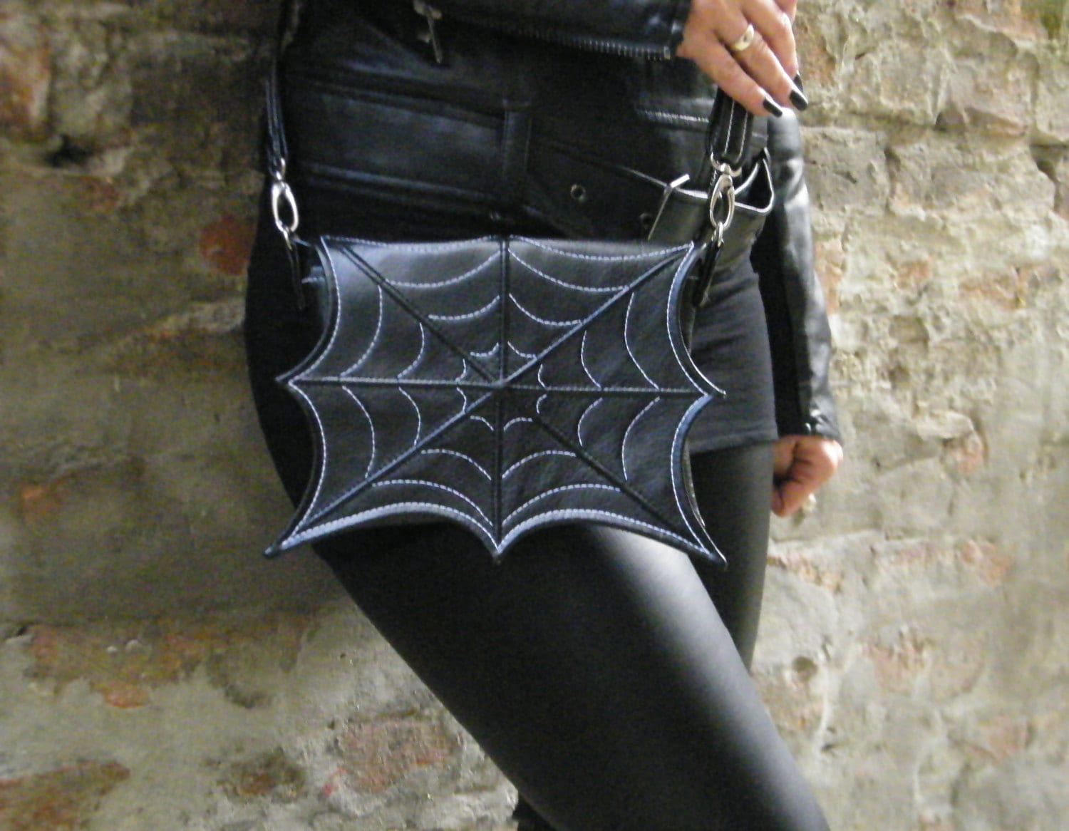 Black Spider Web, Bag With White Stitches, Vegan Bag, Black Spider ...
