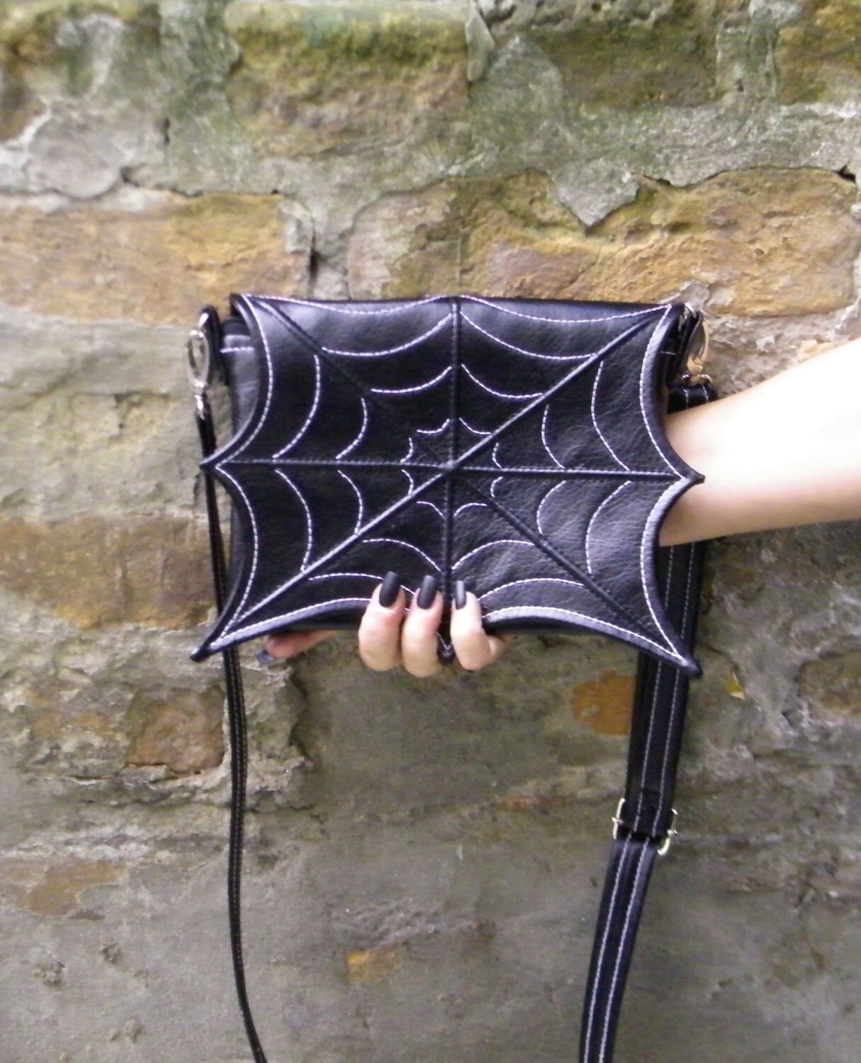 Black Spider Web Bag With White Stitches Vegan Bag Black - Etsy