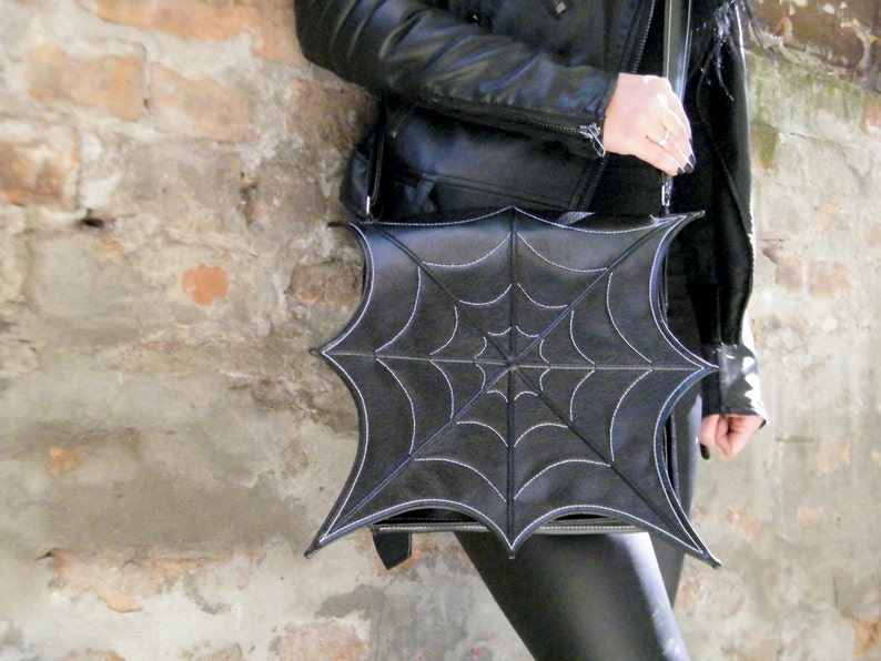 Black Faux Leather Spider Web Bag, Black Leatherette Spider Web Bag ...