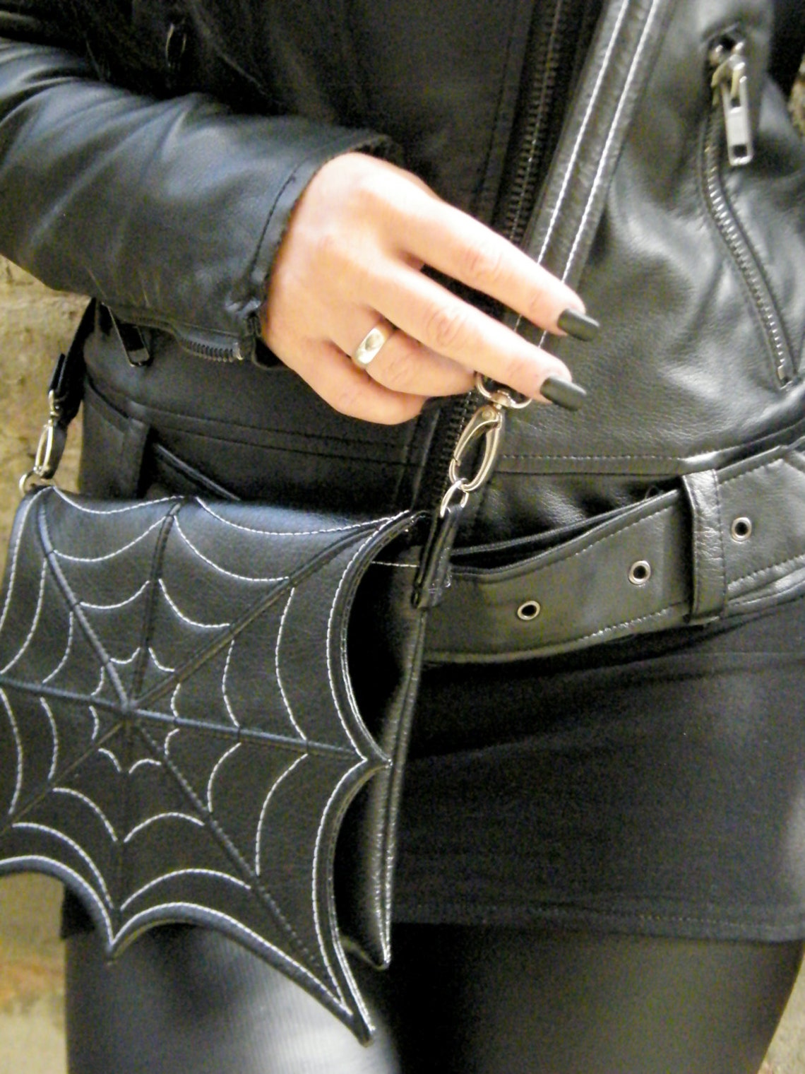 Black Spider Web Bag With White Stitches Vegan Bag Black - Etsy