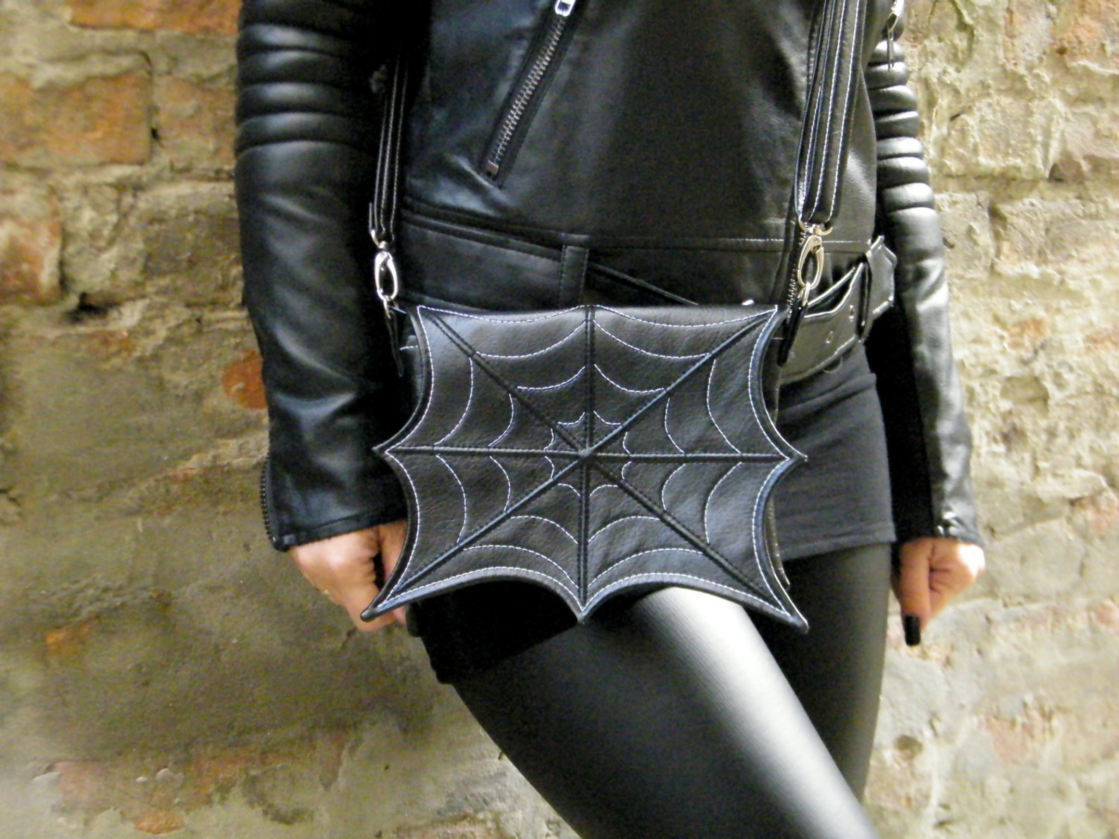 Black Spider Web, Bag With White Stitches, Vegan Bag, Black Spider ...