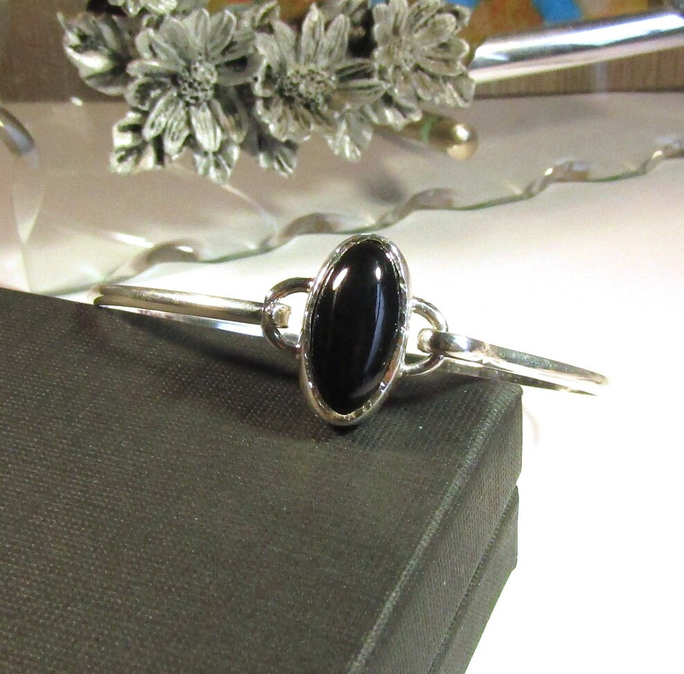 Silver Bangle with Black Agate Ladies Sterling Silver Bangle | Etsy
