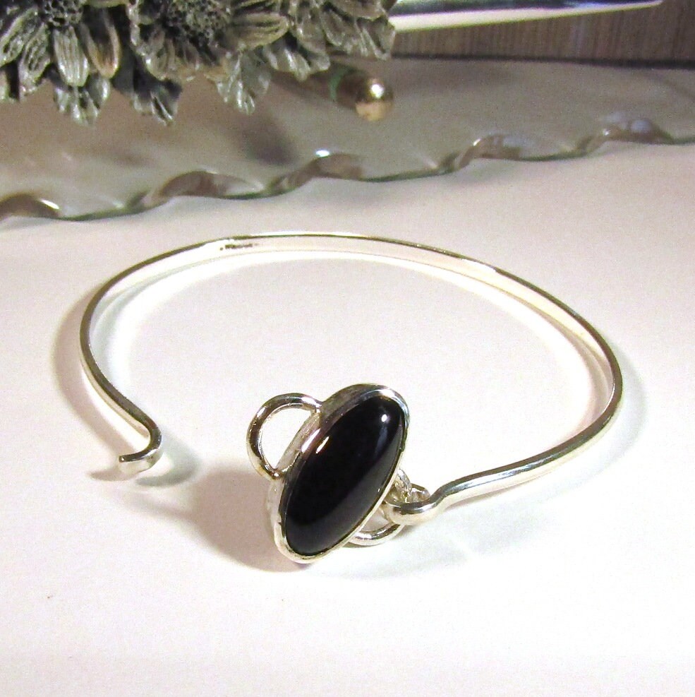 Silver Bangle with Black Agate Ladies Sterling Silver Bangle | Etsy
