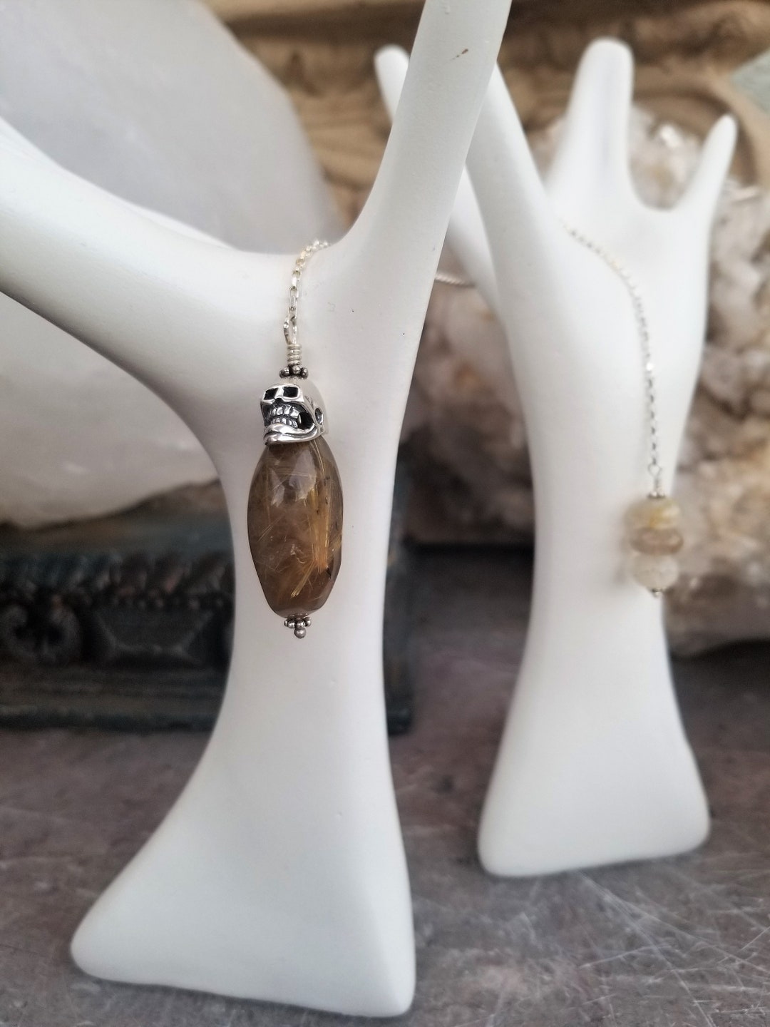Silver Skull & Golden Rutilated Quartz Crystal Pendulum, Crystal ...