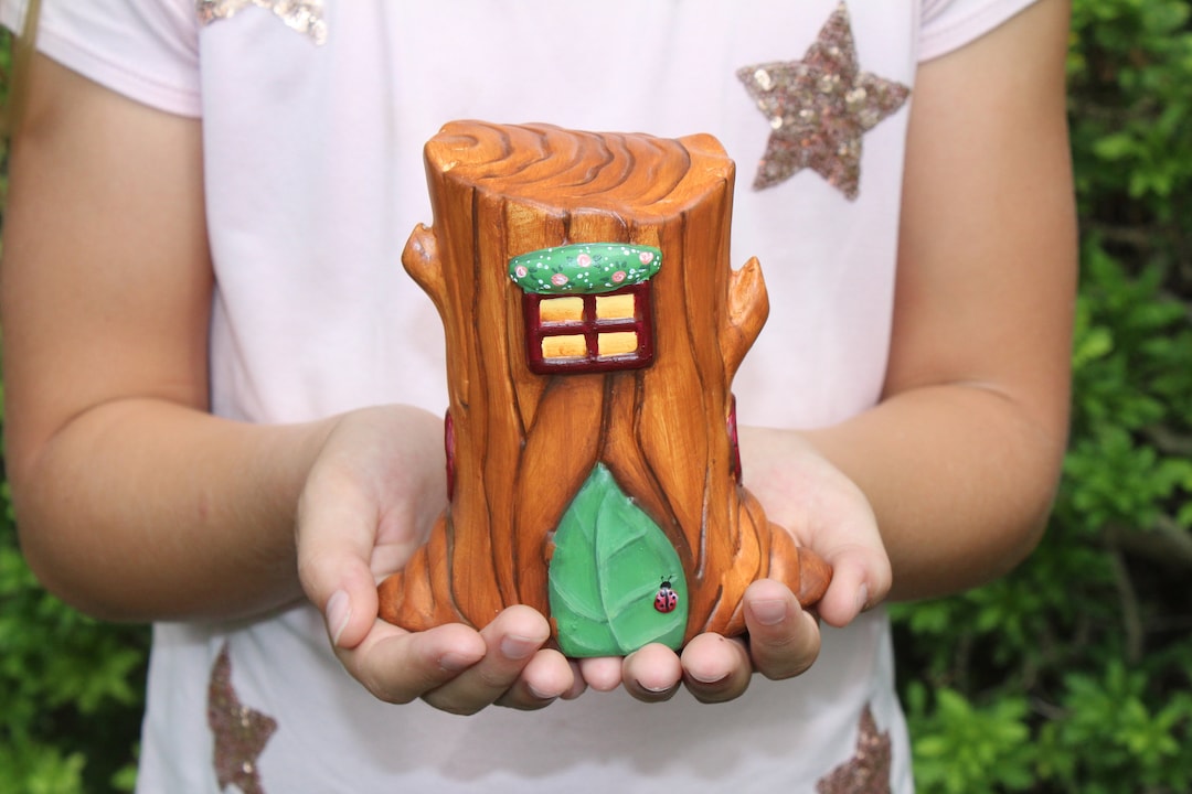 Hand Painted Ceramic Tree Stump Fairy Garden House, Handpainted Home ...