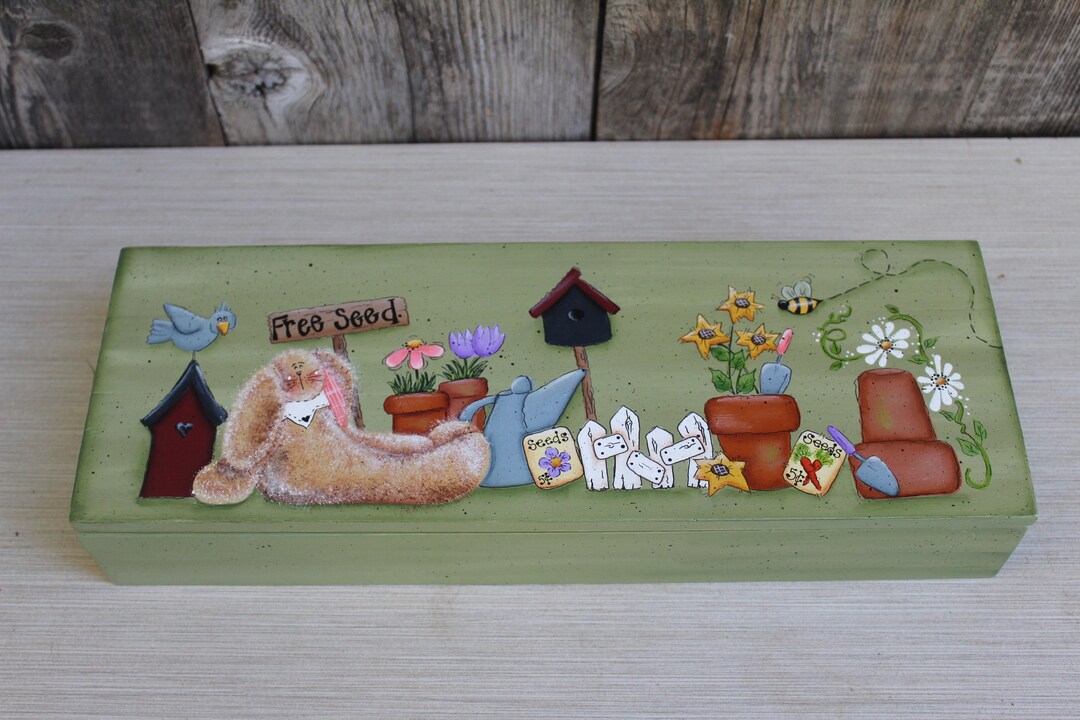 Hand Painted Wooden Garden Storage Box, Handpainted Decorative Green ...