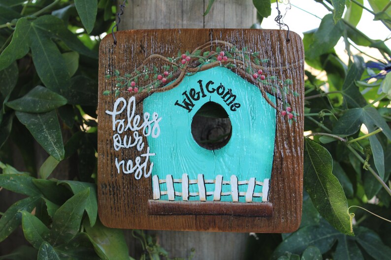 Hand Painted Rustic Wood Blue Birdhouse Sign Bless Our Nest | Etsy