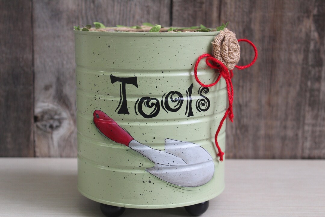 Painted Tool Storage Can, Recycled Coffee Can for Garden Tools, Green ...