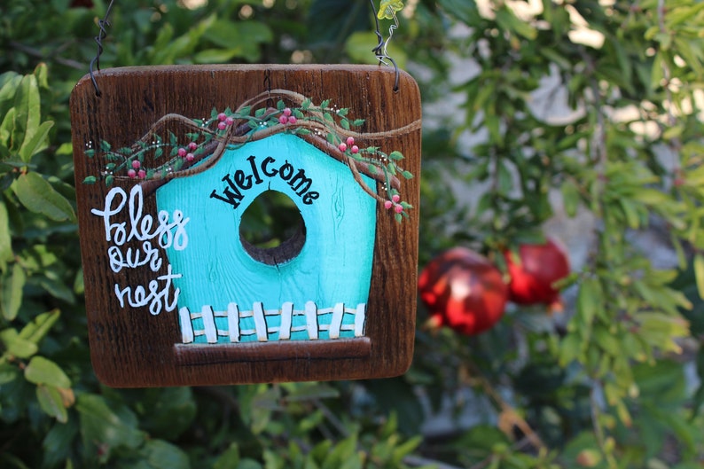 Hand Painted Rustic Wood Blue Birdhouse Sign Bless Our Nest | Etsy