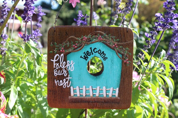 Hand painted rustic wood Blue Birdhouse sign Bless our nest | Etsy