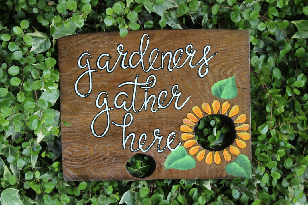Hand Painted Garden Sign: "gardeners Gather Here" With Yellow Daisies ...