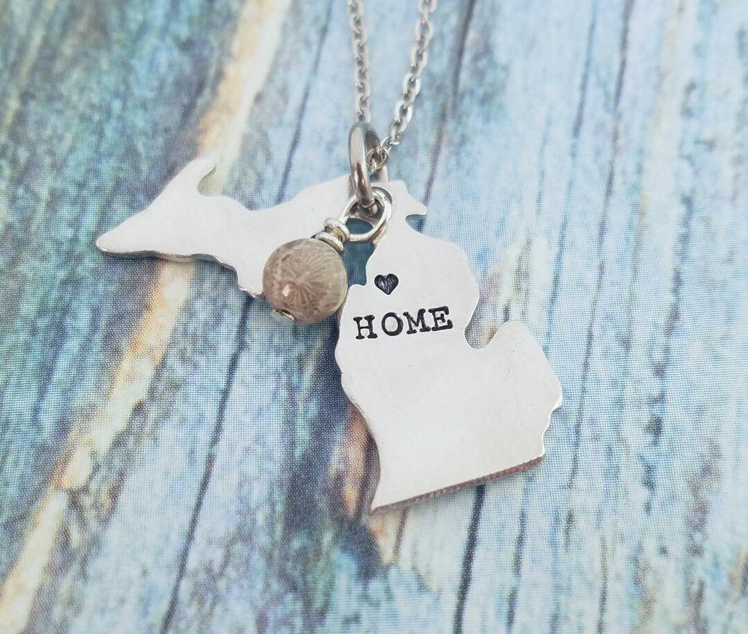 Michigan Jewelry - Petoskey Stone Necklace or Keychain * Hand Stamped ...