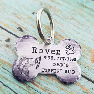 Rustic Fishing Dog ID Tag Hand Stamped Personalized Dog Bone ID Dog ...