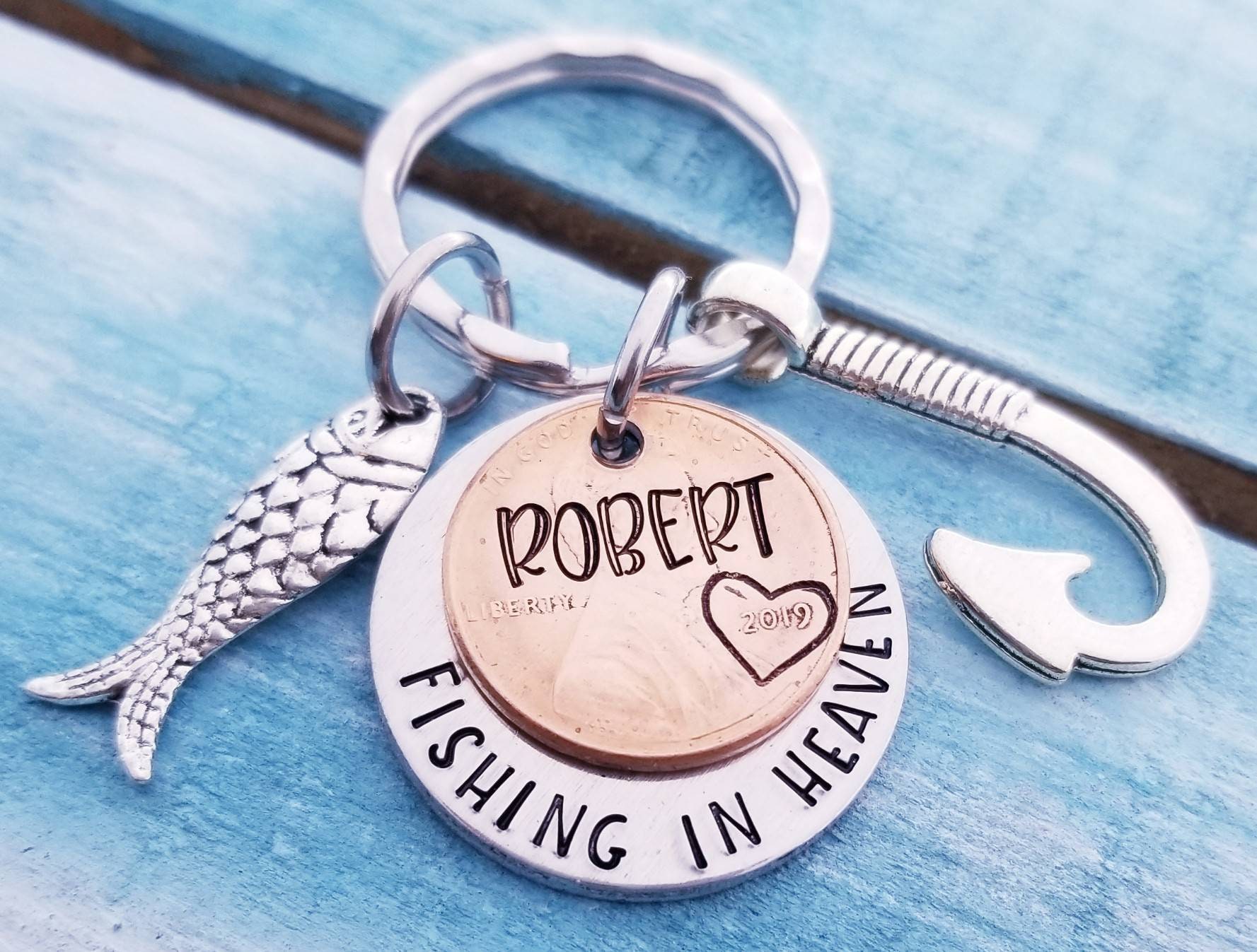 Personalized Memorial Keychain Fishing in Heaven Penny | Etsy