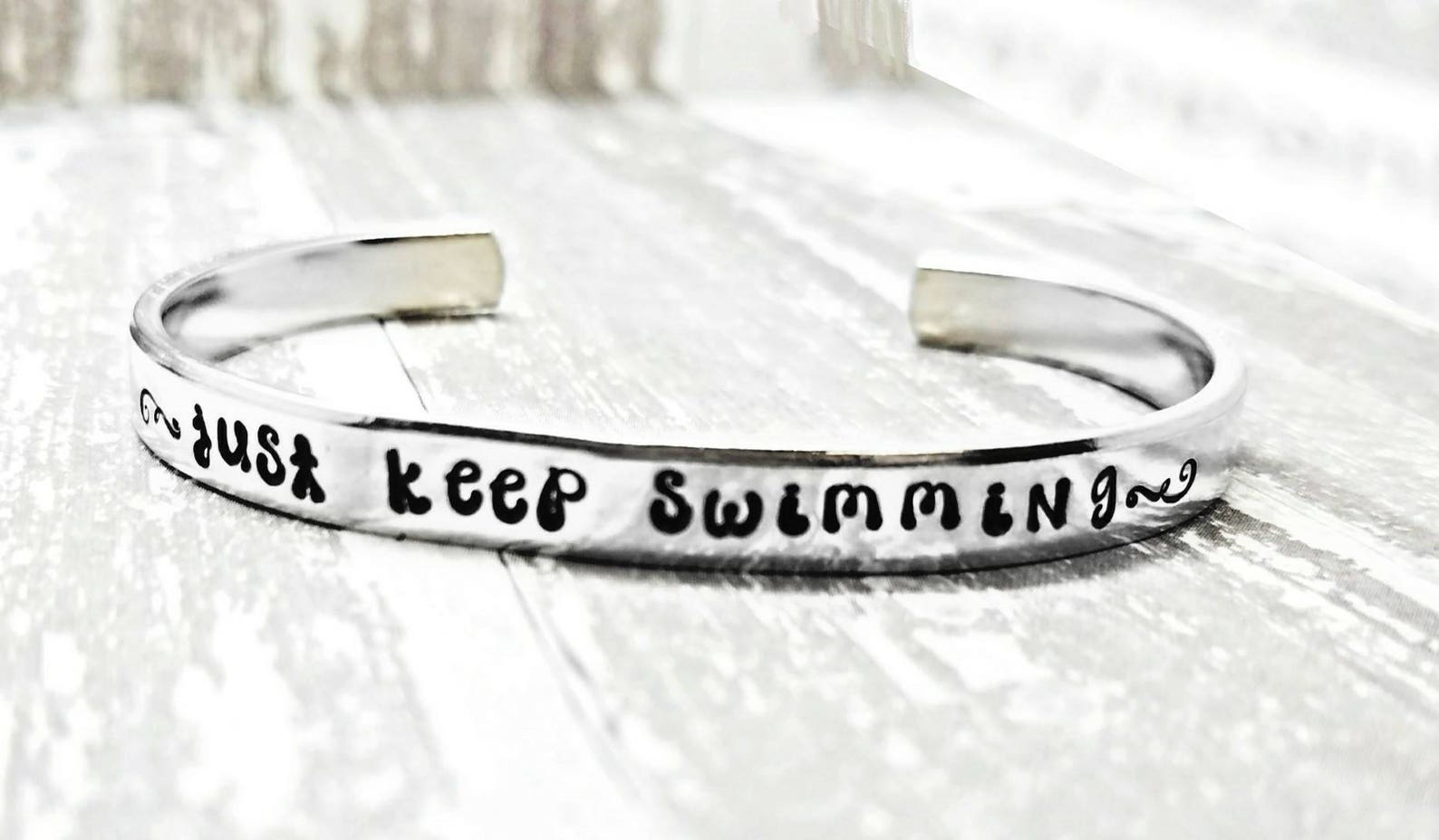 Custom Cuff Bracelet: Just Keep Swimming, Inspirational Swimmer Gift - Etsy