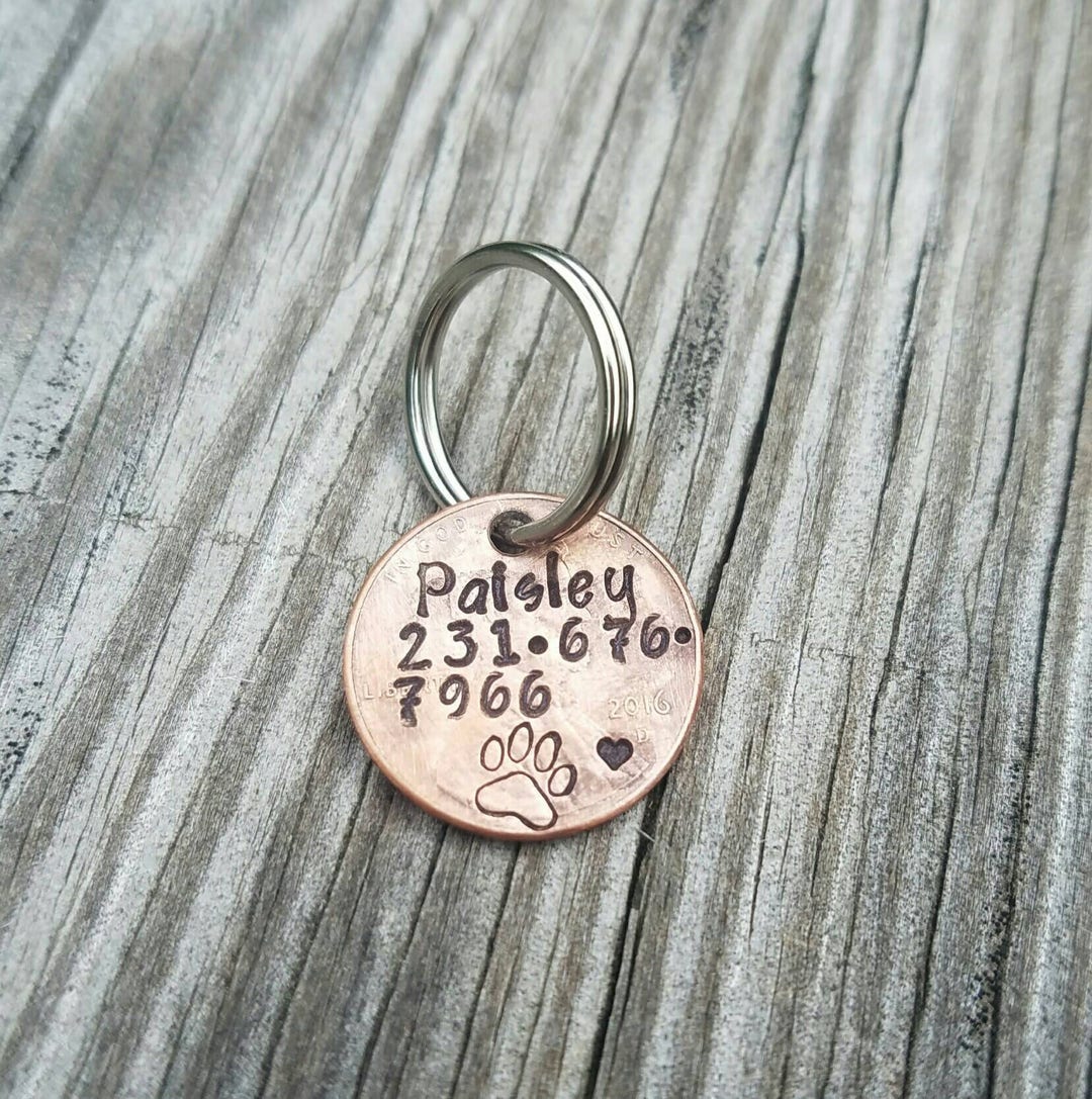 Penny Dog ID Tag - Hand Stamped Penny - Custom Made Pet ID - Pet ...