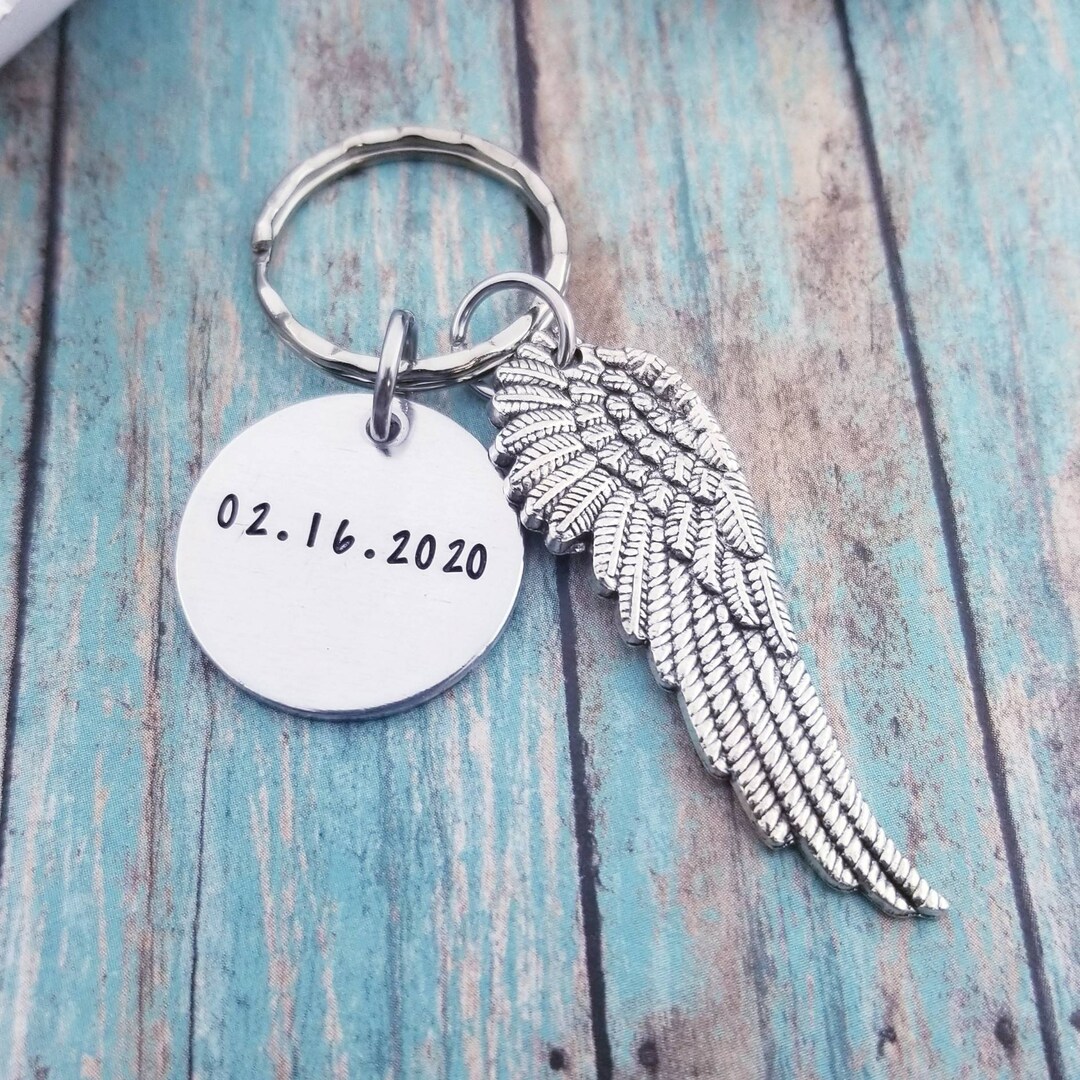 Personalized Memorial Keychain: Angel Wing, Hand Stamped Date, Sympathy ...
