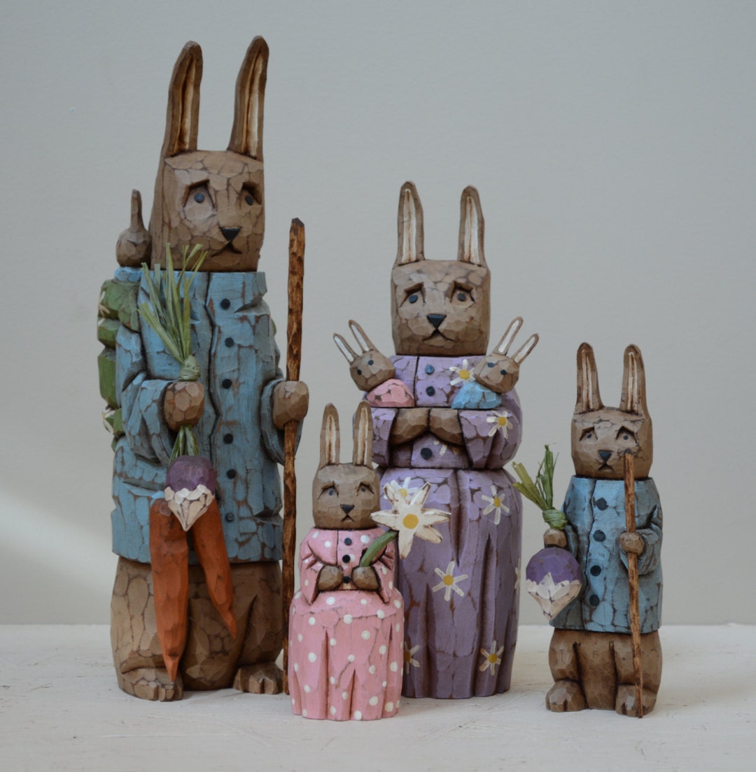 Bunny Family Primitive Folk Art Woodcarving - Etsy