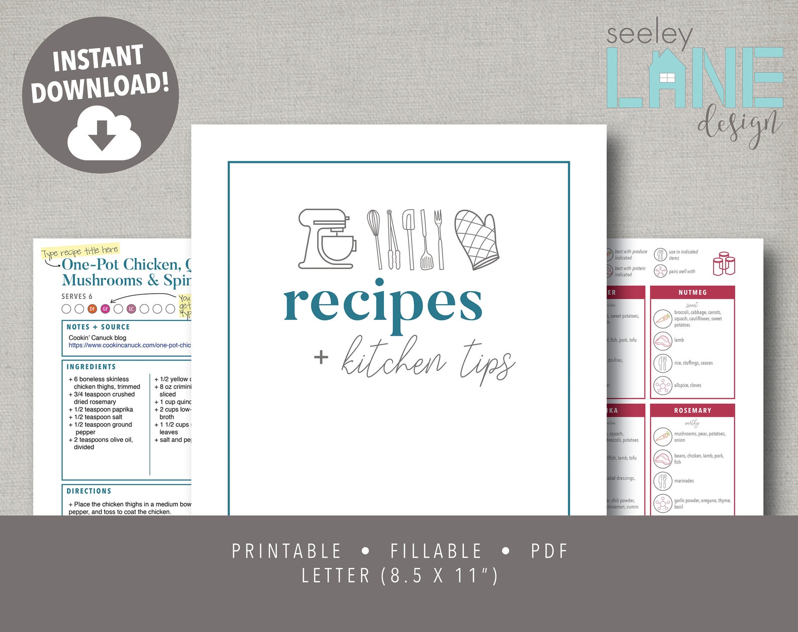 Recipe Book and Binder Kit With Kitchen Tips Printable and - Etsy