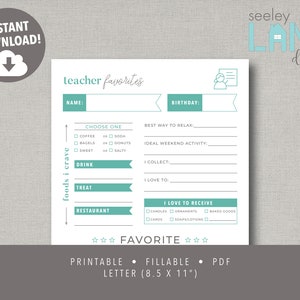 Teacher Favorites Form, Printable & Editable, Instant Download - Etsy