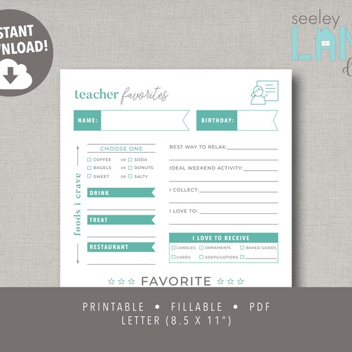 Teacher Favorites Form Printable & Editable Instant Download - Etsy
